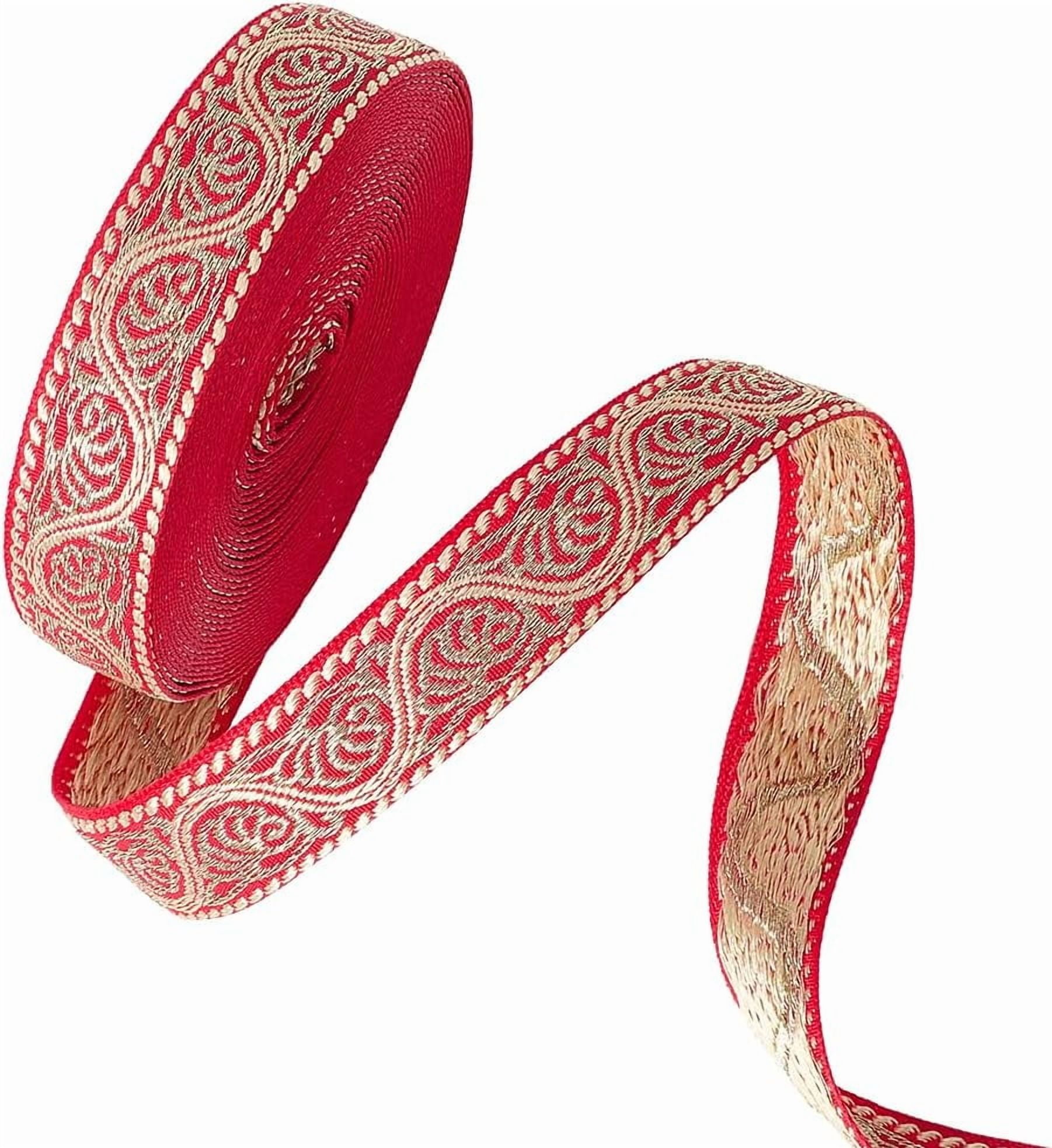 10 Yards Red Gold Jacquard Ribbon Floral Embroidered Trim Tape Vintage ...