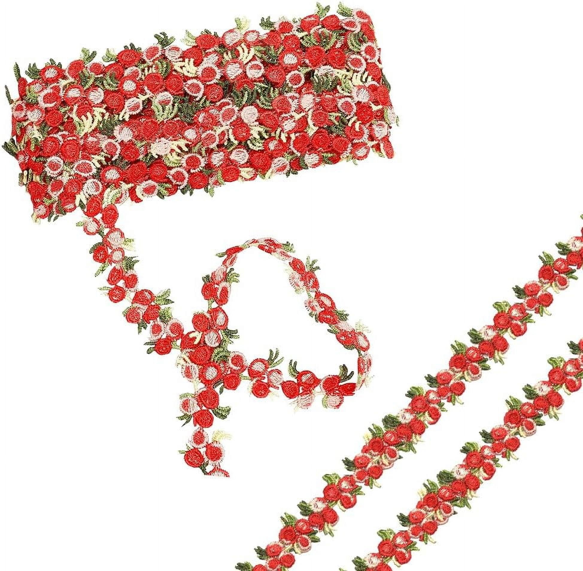 10 Yards Rose Flower Embroidered Lace Trim Ribbon Polyester Red Floral ...