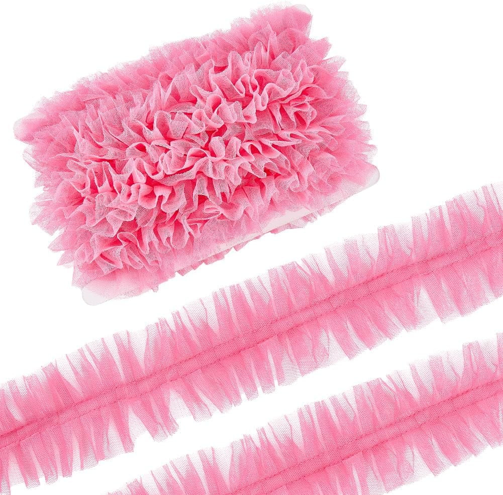 10 Yards Ruffle Pleated Lace Trim 2-3/8 inch Pink Puff Fabric Edge Ribbon Gathered Mesh Edging ...