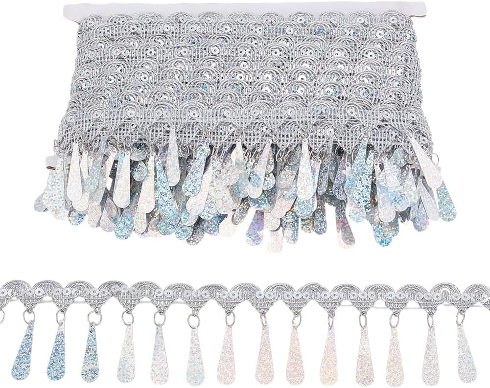 10 Yards Silver Sequin Fringe Trim Glitter Tassel Trim 2.2inches Fabric ...