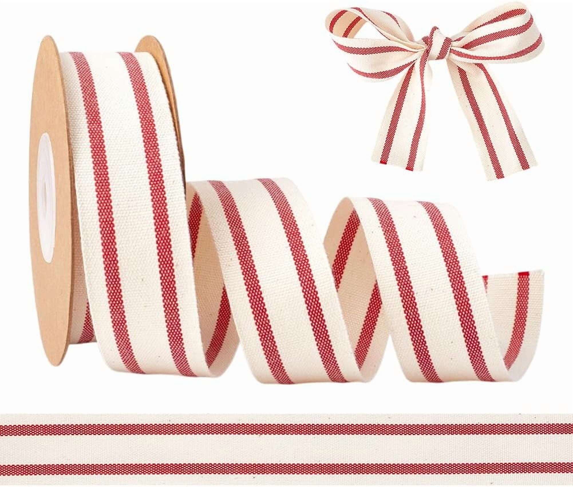 10 Yards Striped Ribbons 1 inch(25mm) Red White Stripe Ribbons Natural ...