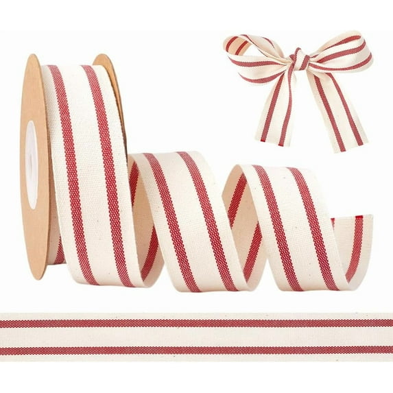 10 Yards Striped Ribbons 1 inch(25mm) Red White Stripe Ribbons Natural ...