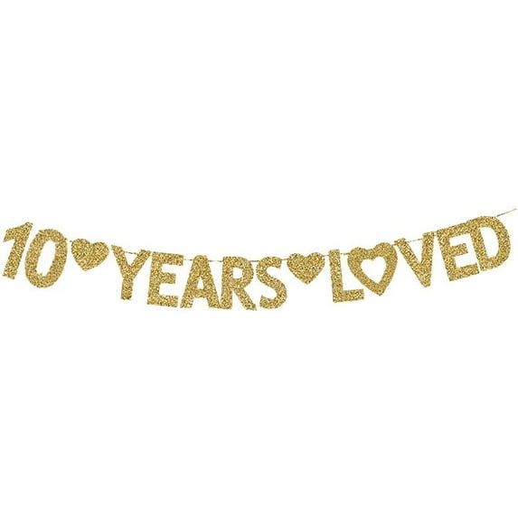 10 Years Loved Banner, Gold Glitter Happy 10th Birthday Party ...