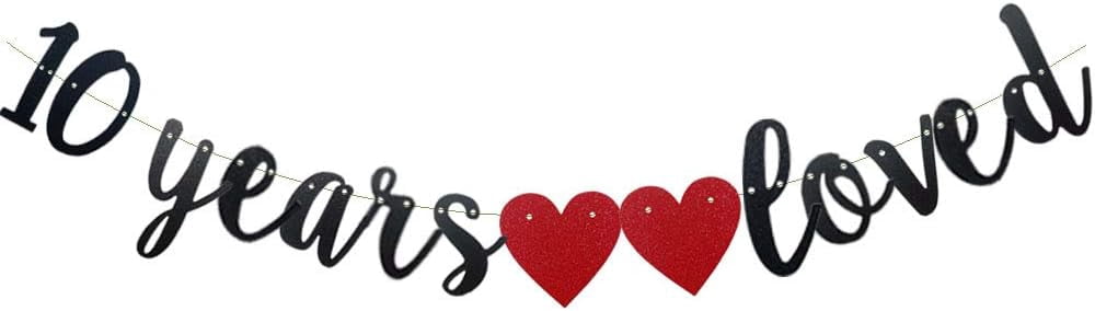 10 Years Loved Banner,Pre-Strung, Black Paper Glitter Party Decorations ...