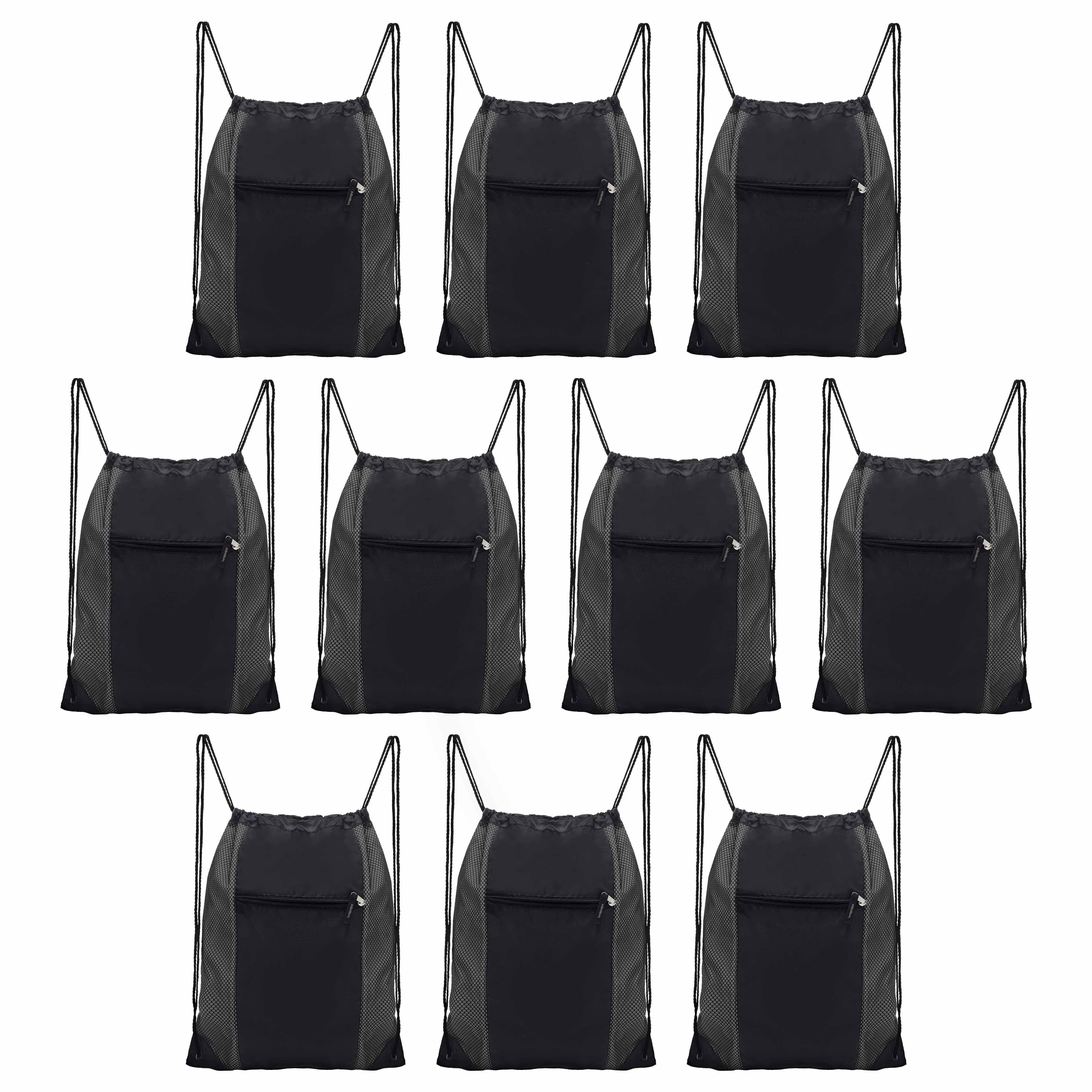 10 Zipper Pocket Drawstring Backpacks Set - Polyester, Front Mesh ...