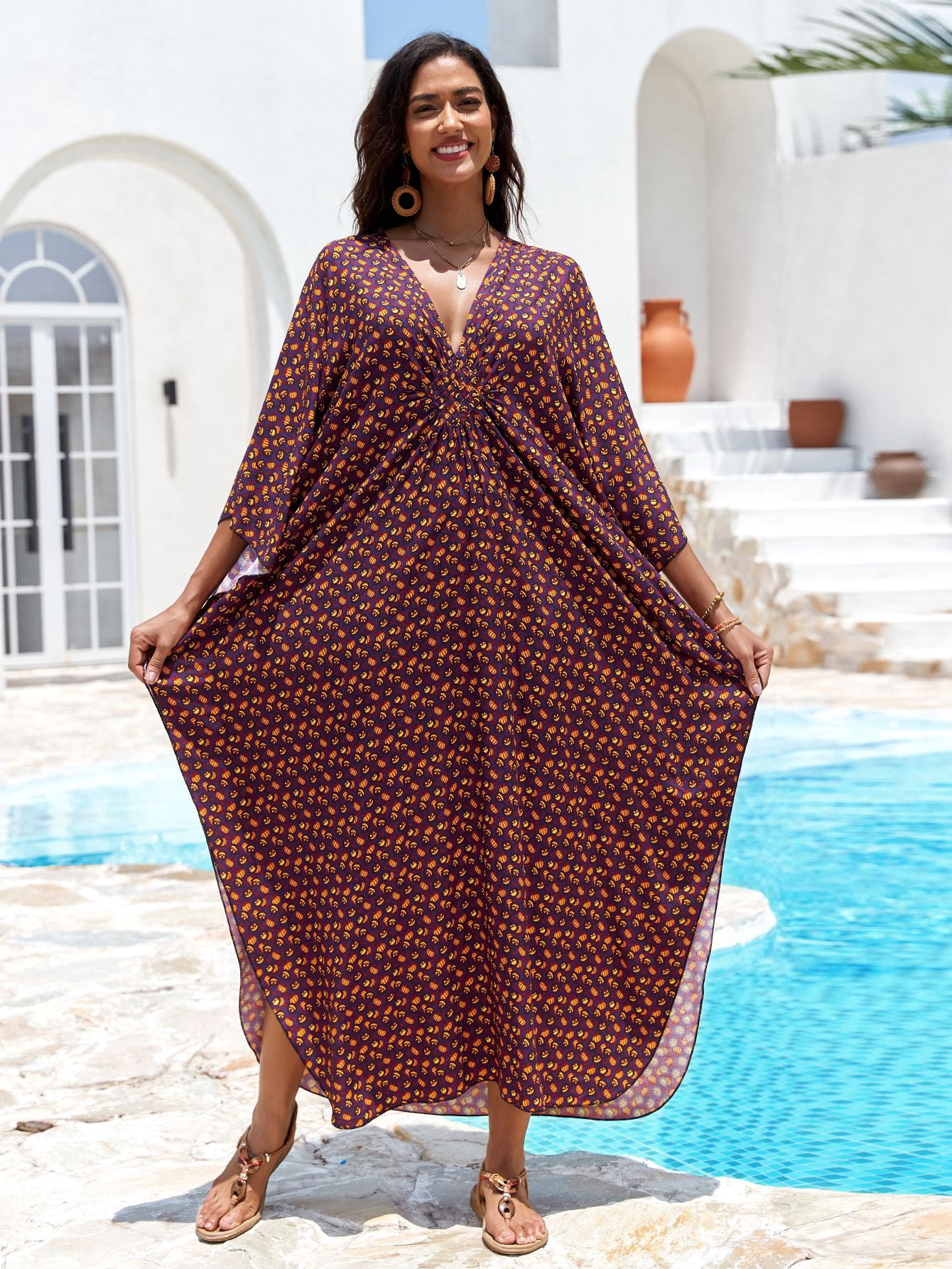 10-color new large-size robe, rayon woven beach cover-up, vacation long ...