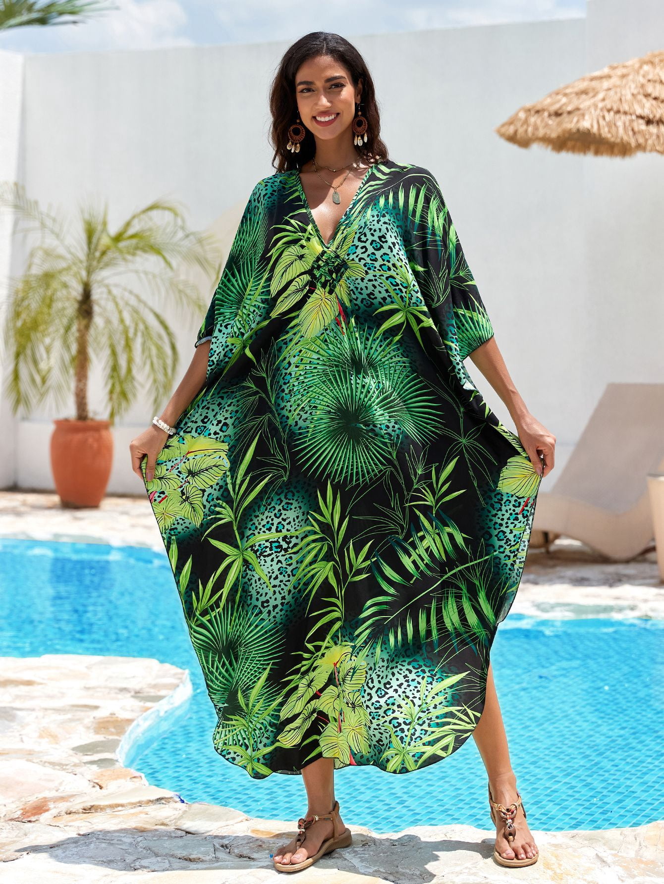 10-color new large-size robe, rayon woven beach cover-up, vacation long ...