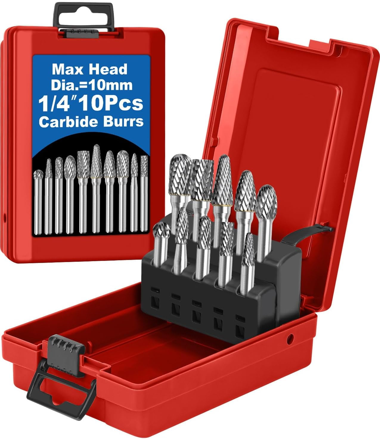 10 count Carbide Burr Set 1/4 Shank w/Red Box Max Dia 10mm Bits Rotary ...