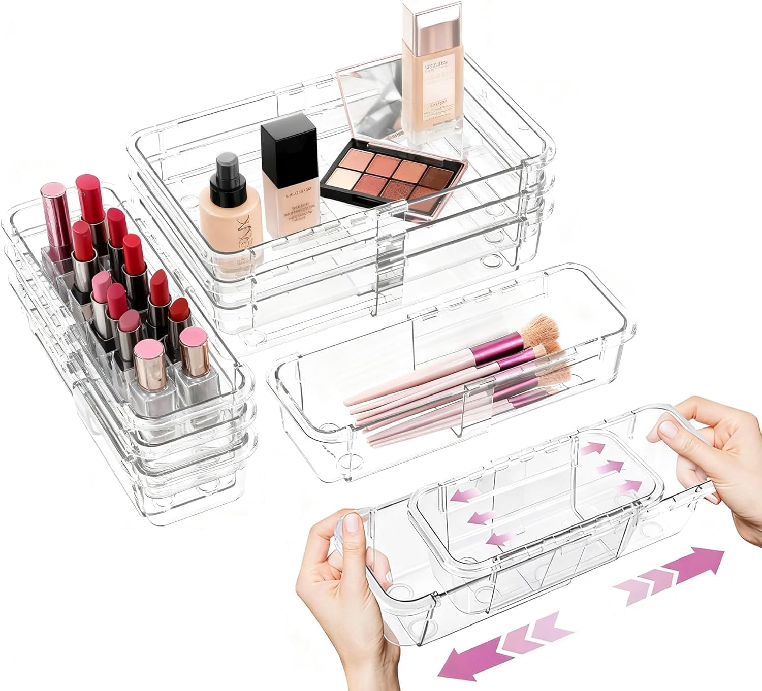 10 count Extendable Clear Drawer Organizer, Adjustable Vanity Storage ...