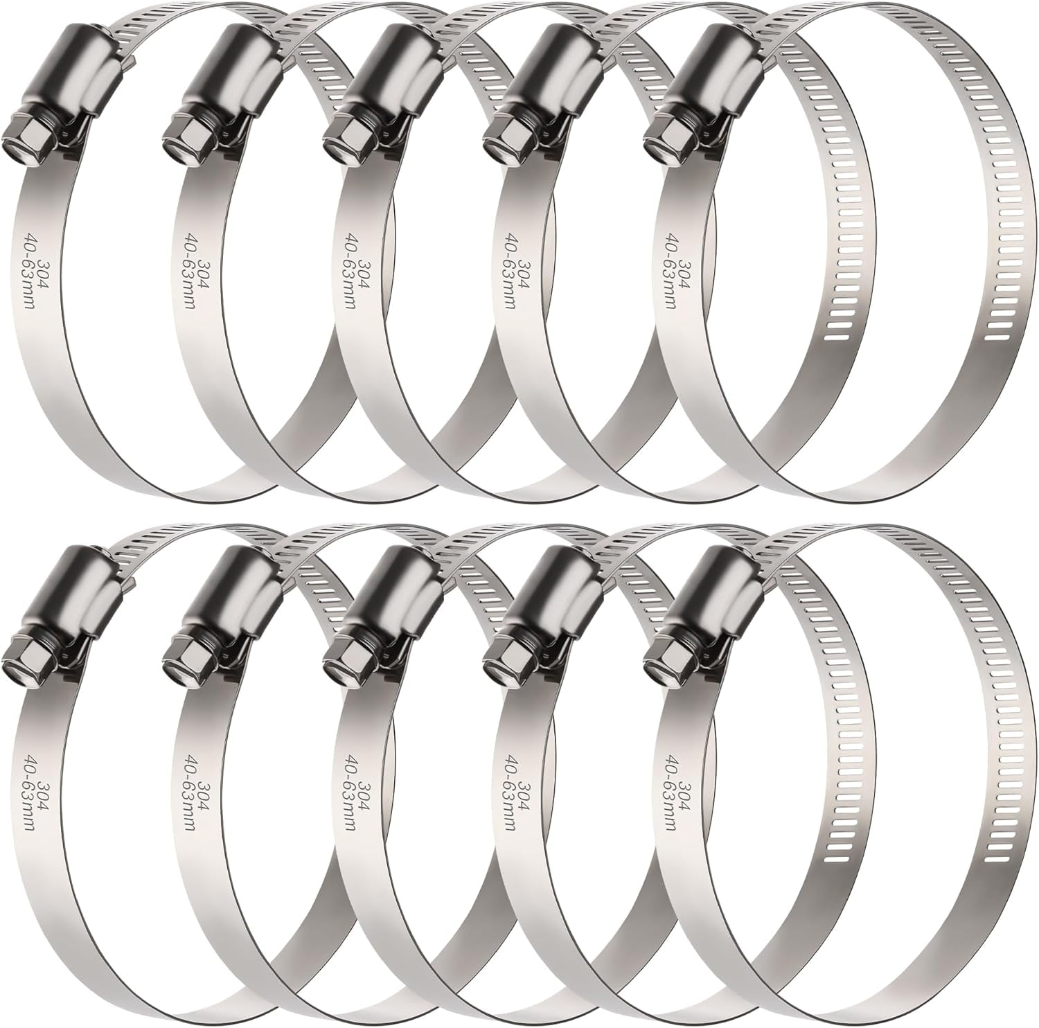 10 count Hose Clamps Stainless Steel Adjustable 1-9/16"-2-1/2"(40-63mm ...
