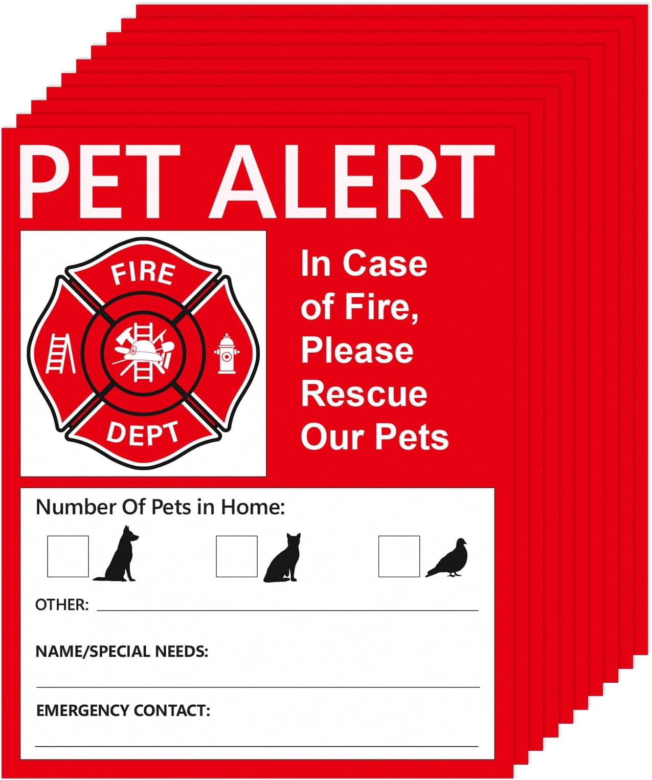 10 count Pet Alert Safety Fire Rescue Sticker 4" x 5" Pet Window Decal ...