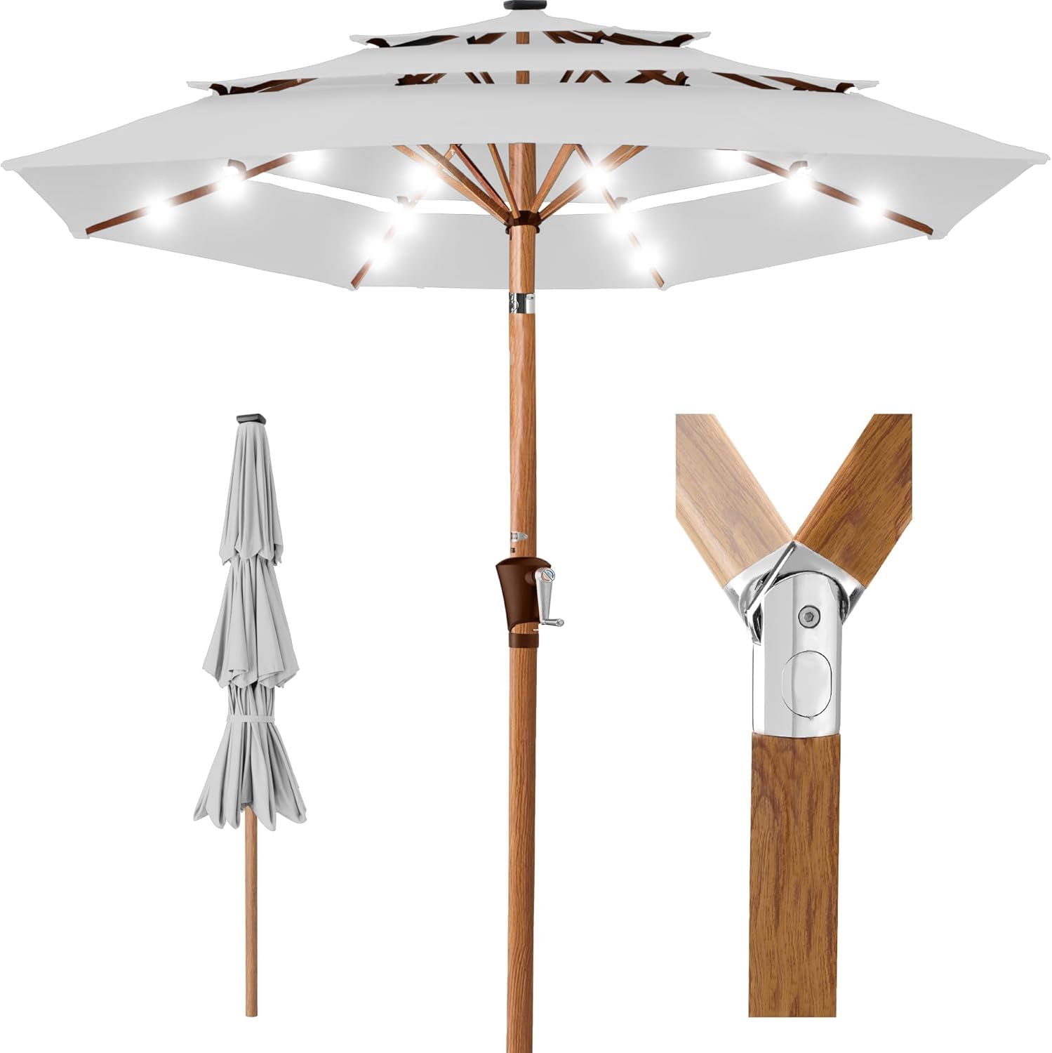 10 ft 3-Tier Solar Patio Market Umbrella with Lights, Woodgrain Pattern ...