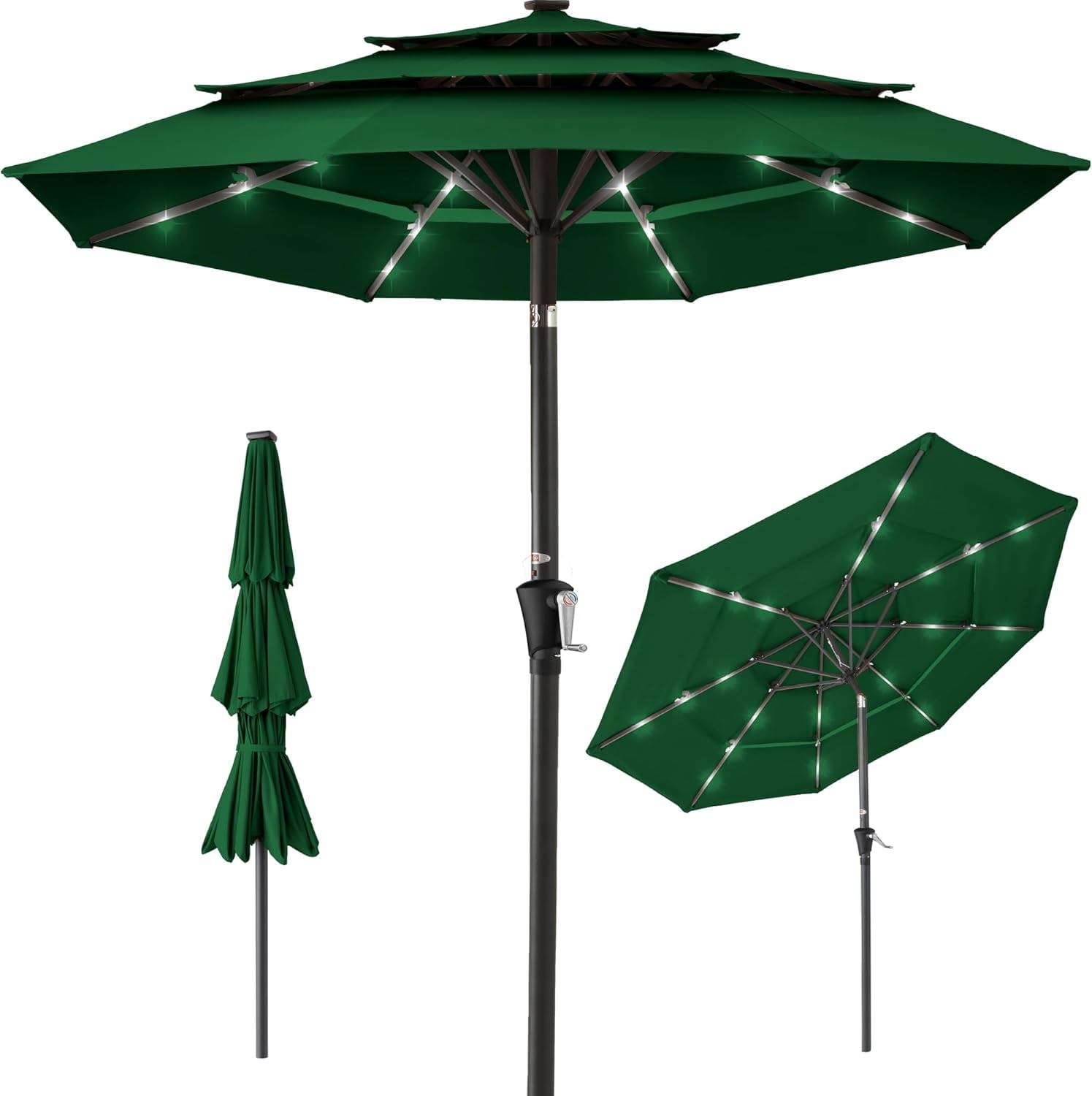 10 ft 3-Tier Solar Patio Umbrella with 24 LED Lights, Vented Canopy ...