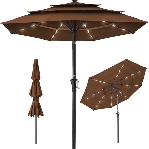 10 ft 3-Tier Solar Patio Umbrella with 24 LED Lights, Vented Canopy ...