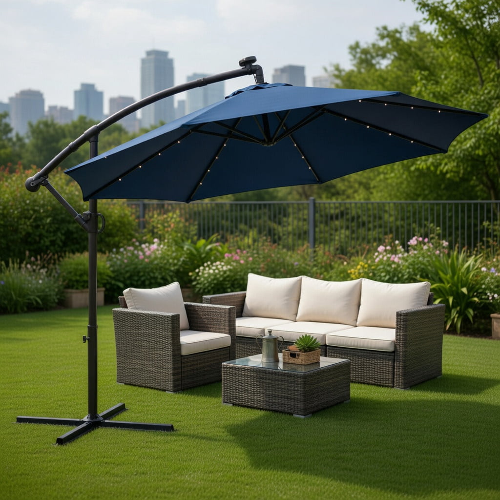 10 ft Solar Powered 360° Rotating LED Patio Umbrella with 32 Built-in ...