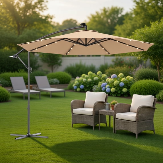 10 ft Solar Powered Hanging LED Patio Umbrella with Heavy-Duty Steel ...