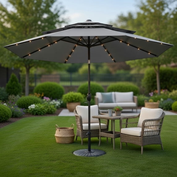 10 ft Solar-Powered Patio Umbrella with 32 LED Lights, 3-Tier Vented ...