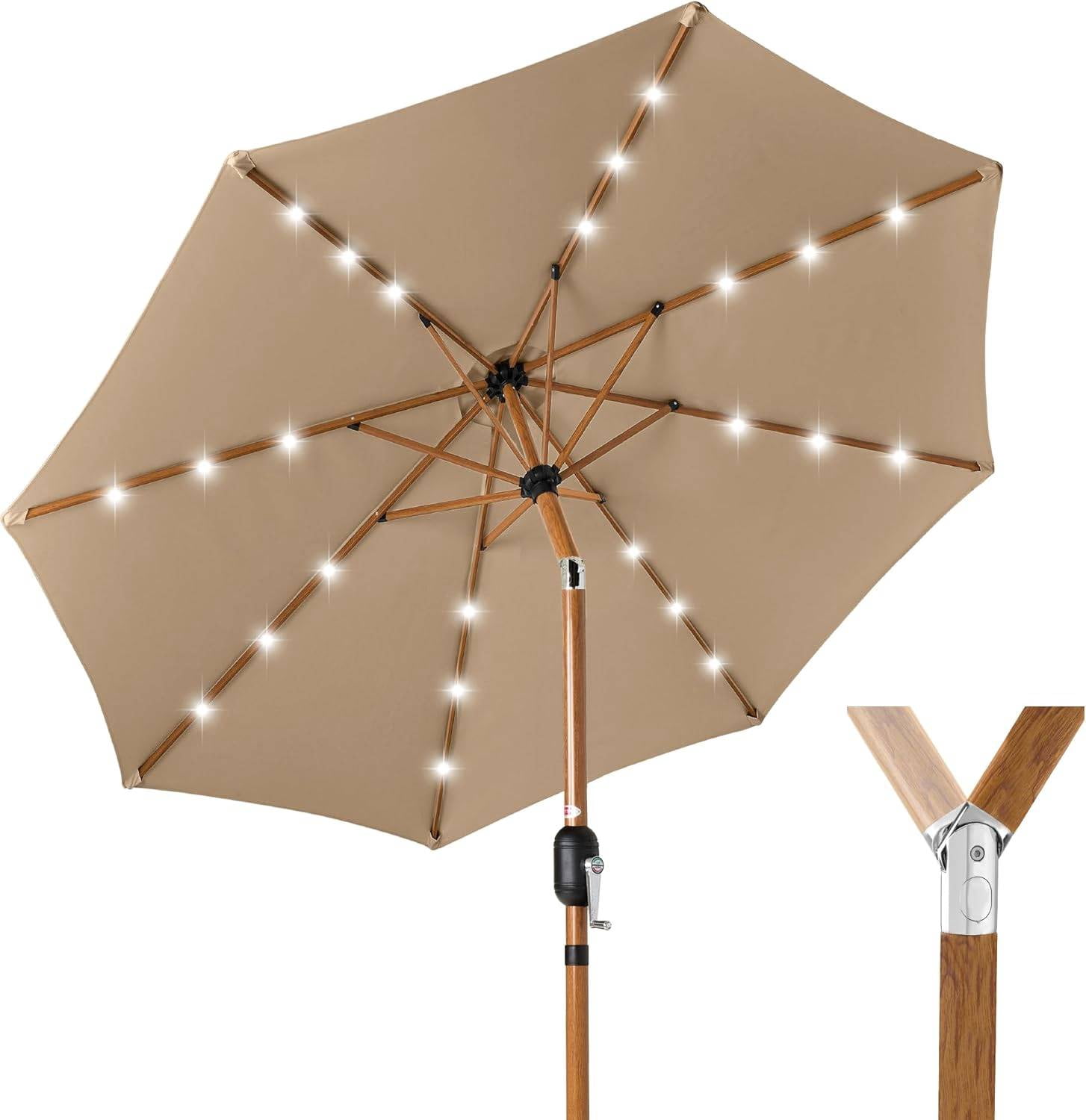 10 ft Solar-Powered Patio Umbrella with Woodgrain Pole, Built-in Lights ...