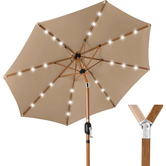 10 ft Solar-Powered Patio Umbrella with Woodgrain Pole, Built-in Lights ...