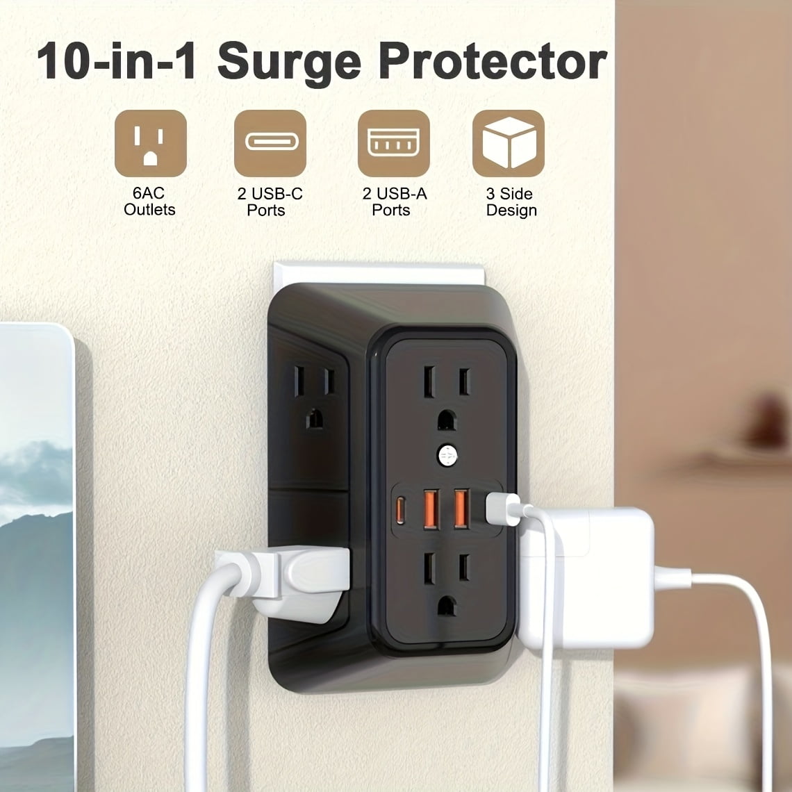 10-in-1 USB Wall Charger Surge Protector, 6 AC Outlets & 4 USB Ports ...