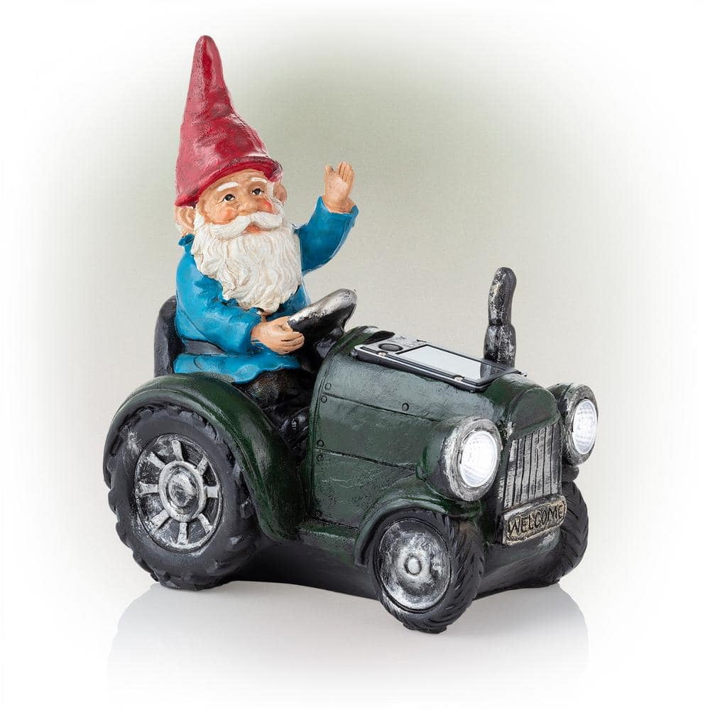 10 in. Tall Outdoor Garden Gnome Riding Green Tractor Yard Statue ...