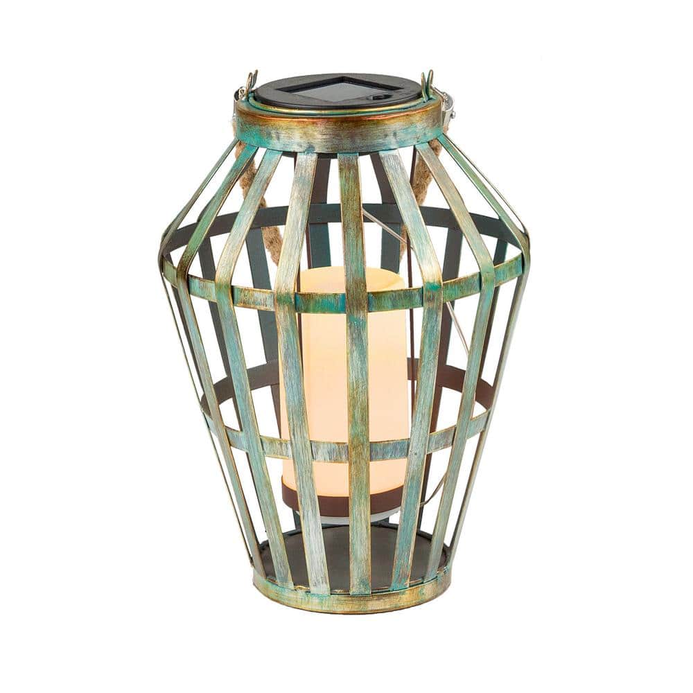 10 in. Tall Outdoor Rustic Solar Powered Metal Lantern with Flickering ...