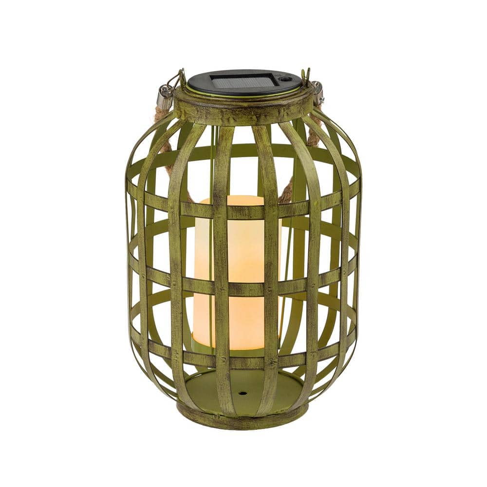 10 in. Tall Outdoor Rustic Solar Powered Metal Lantern with Flickering ...
