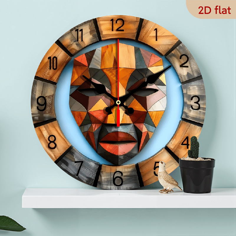 10-inch 2D flat "African Masks" theme, wooden circular silent wall ...