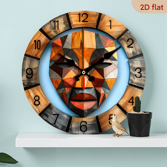 10-inch 2D flat "African Masks" theme, wooden circular silent wall ...