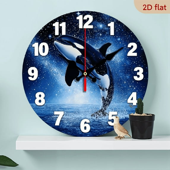 10-inch 2D flat "Alluring Whale" theme wooden circular silent wall ...