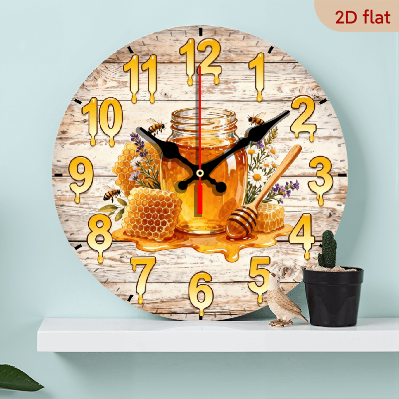 10-inch 2D flat "Bees and Honey" theme wooden circular silent wall ...