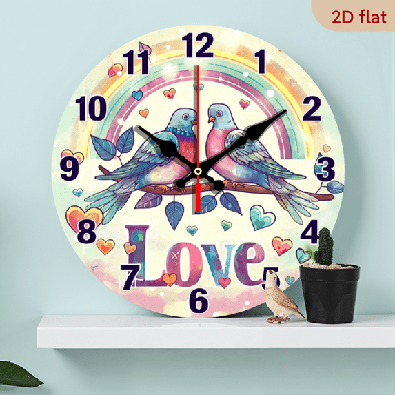 A 10-inch 2D flat "Bird of Love" themed wooden silent wall clock is an ...