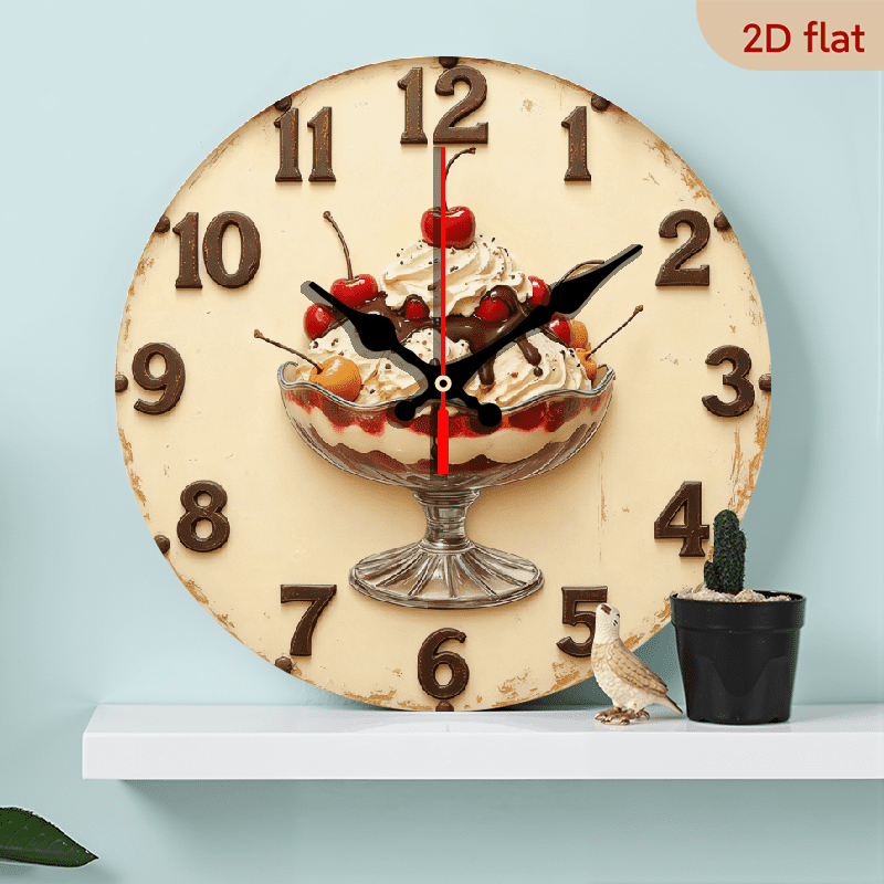 A 10-inch 2D flat "Cherry Ice Cream" themed wooden silent wall clock is ...