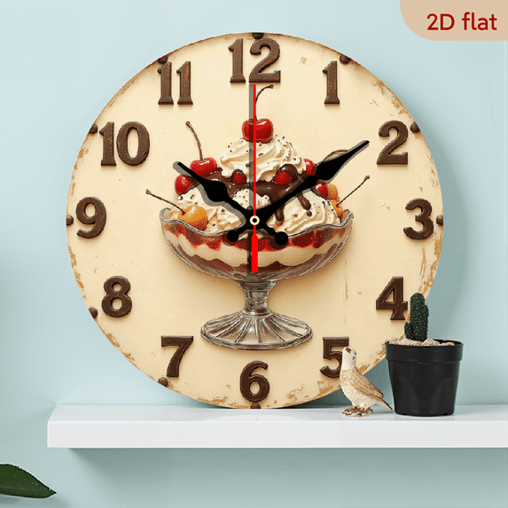A 10-inch 2D flat "Cherry Ice Cream" themed wooden silent wall clock is ...