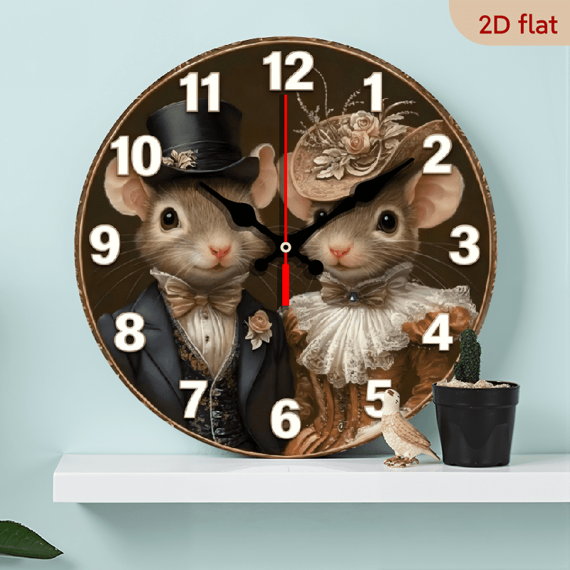 10-inch 2D flat "Classical Mouse" theme wooden circular silent wall ...