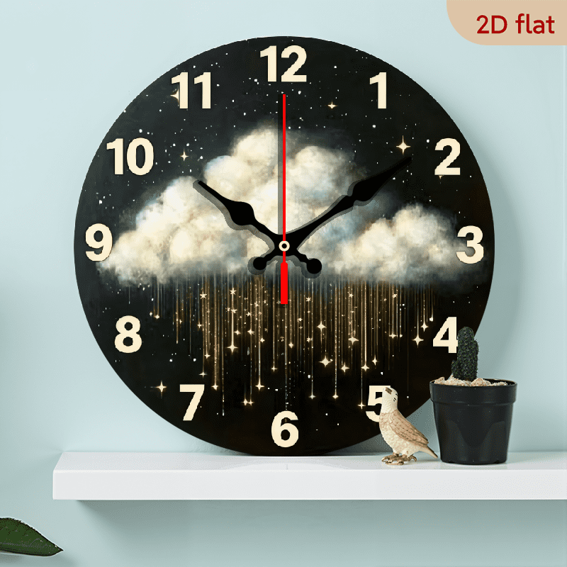 A 10-inch 2D flat "Cloudy Rainy" theme wooden silent wall clock. It is ...