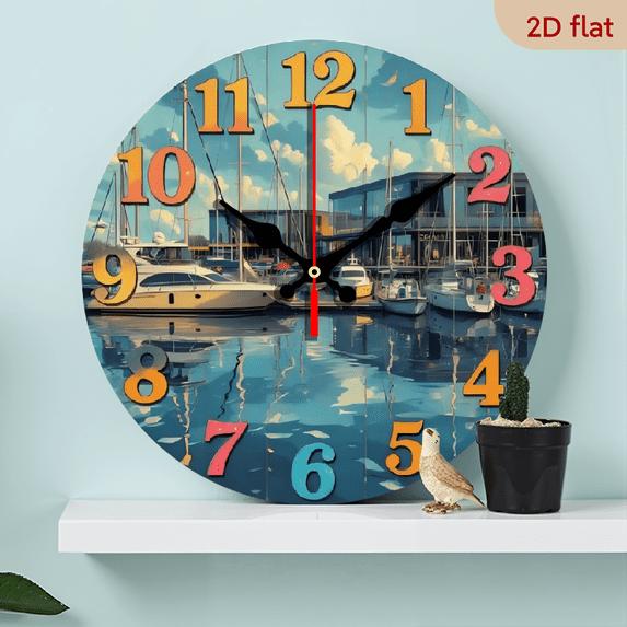 10-inch 2D flat "Coastal Town" theme, wooden circular silent wall clock ...