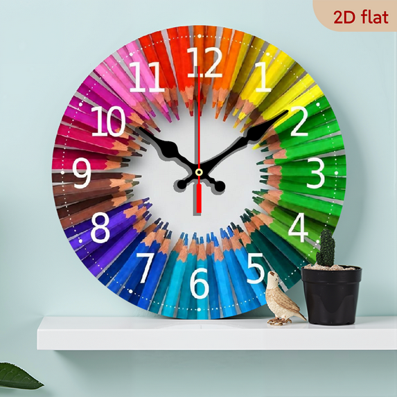 10-inch 2D flat "Color Pencil" theme wooden circular silent wall clock ...