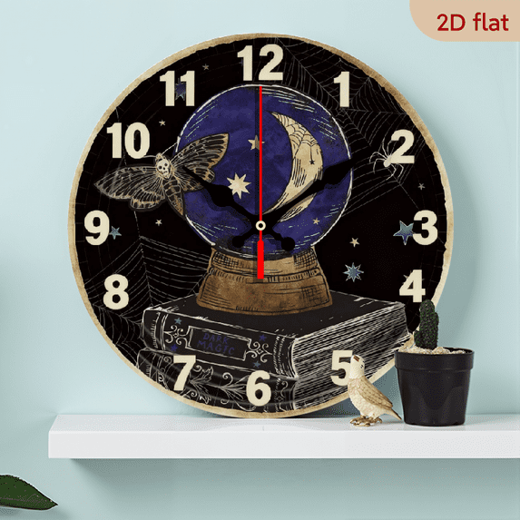 10-inch 2D flat "Crystal Ball" theme wooden circular silent wall clock ...