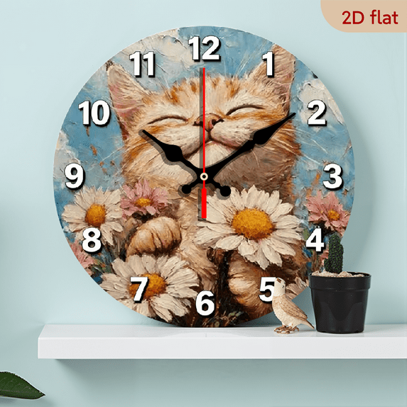 A 10-inch 2D flat "Cute Cat" themed wooden silent wall clock is an ...