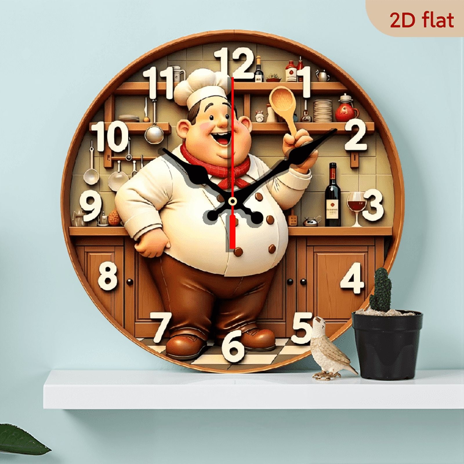 A 10-inch 2D flat "Cute Chef" themed wooden silent wall clock is an ...