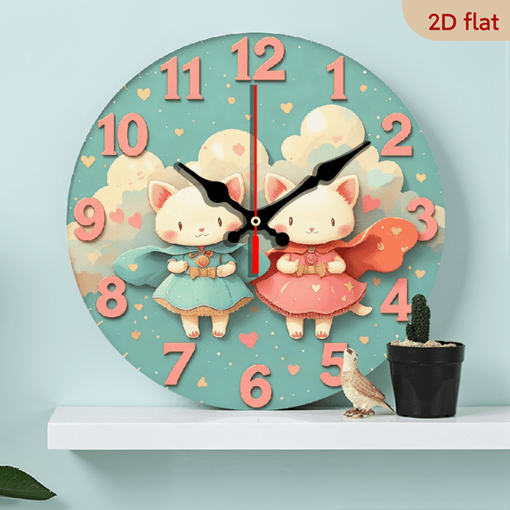 A 10-inch 2D flat "Cute Flying Cat" themed wooden circular wall clock ...