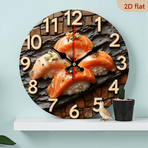 A 10-inch 2D flat "Delicious Sushi" themed wooden silent wall clock. It ...