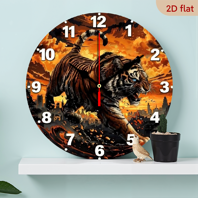 A 10-inch 2D flat "Fierce Tiger" themed wooden silent wall clock is an ...