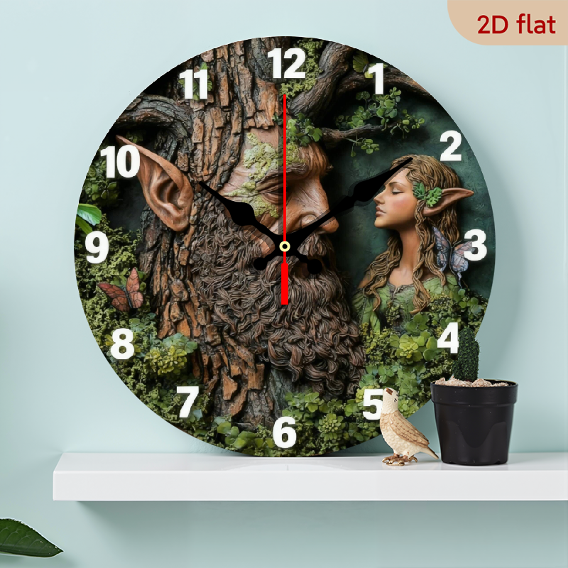 10-inch 2D flat "Forest Elves" theme wooden circular silent wall clock ...