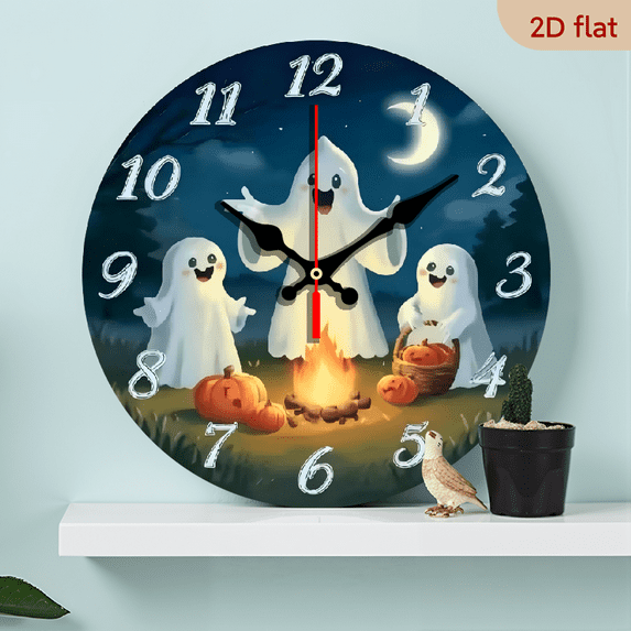 A 10-inch 2D flat "Ghost Fire" themed wooden silent wall clock. It is ...