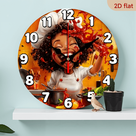 10-inch 2D flat "Hot Kitchen" theme wooden circular silent wall clock ...