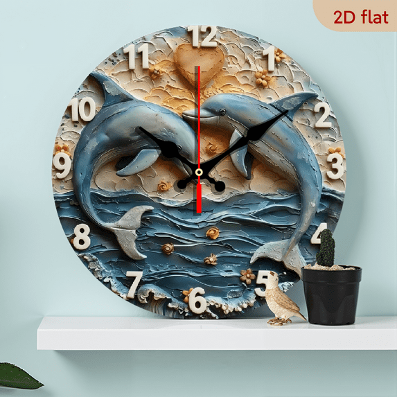 A 10-inch 2D flat "Love Dolphin" themed wooden silent wall clock is an ...
