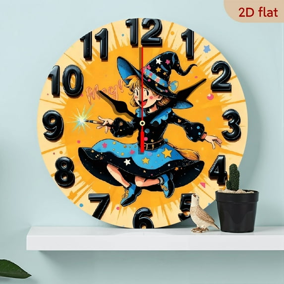 10-inch 2D flat "Magician" theme wooden circular silent wall clock ...