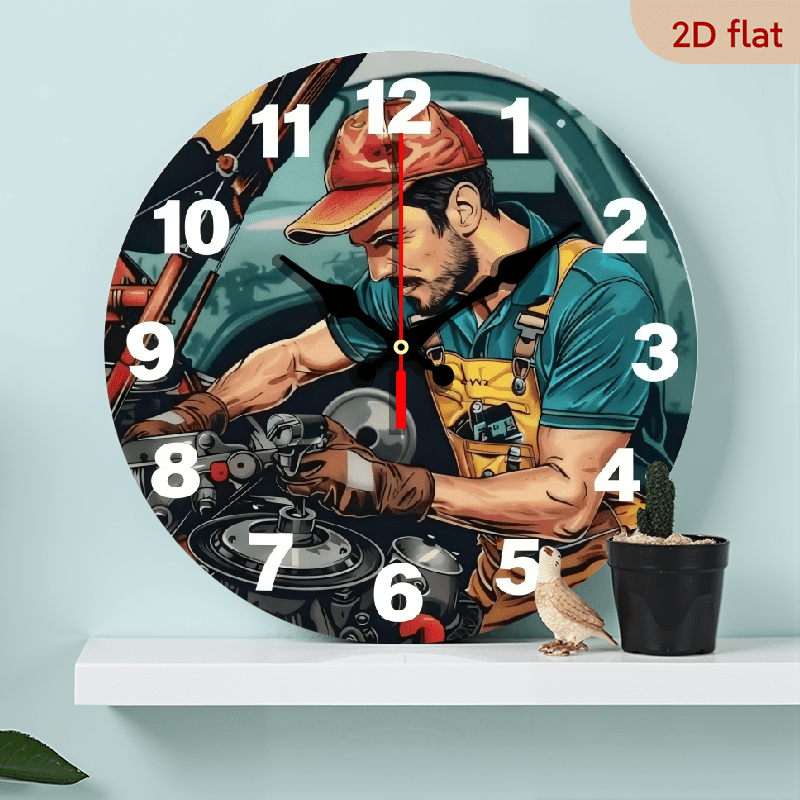 A 10-inch 2D flat "Mechanic" theme wooden silent wall clock is an ...